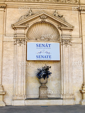 Board with inscription Senate Parliament of Czech Republic on wall in ...