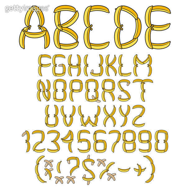 Alphabet, letters, numbers and signs from yellow bananas. Isolated ...