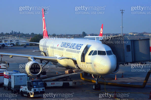 Turkish Airlines Airbus A321 at a passenger boarding bridge with cargo ...