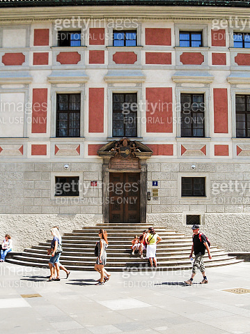 The entrance to the Czech Post near St Vitus Cathedral in Prague in ...