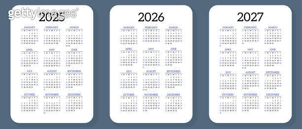 2025, 2026 and 2027 calendar set. Vector pocket calender design. Week ...