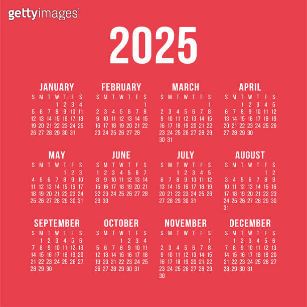 Red calendar 2025. Square vector calender design template. Week starts ...