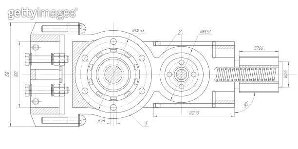 Technical drawing .Rotating mechanism of round parts .Vector ...