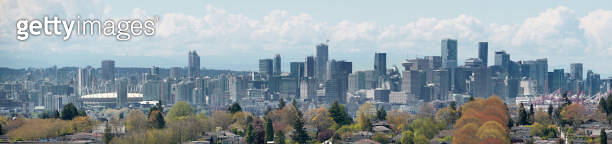 Panorama of the Vancouver skyline with the Burnaby Heights neighborhood ...