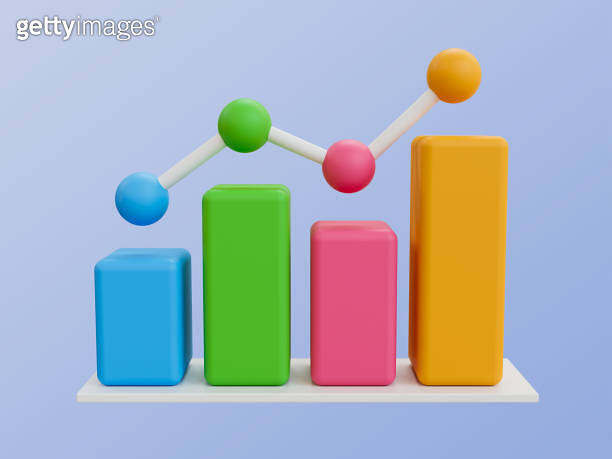 3D illustration of a colorful bar graph with a trend line. 이미지 ...
