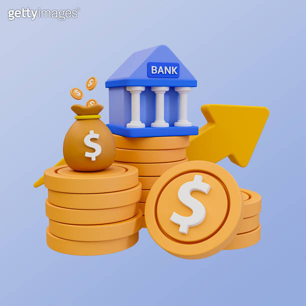 3D illustration of a bank building surrounded by stacked coins and a ...