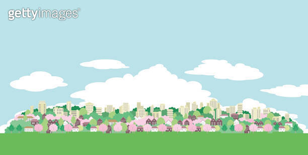 Illustration of a cityscape with cherry blossoms blooming. Illustration ...