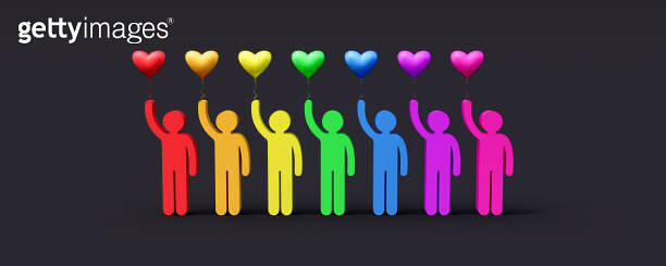 Rainbow colors group of people holding heart shaped balloons. Diversity ...