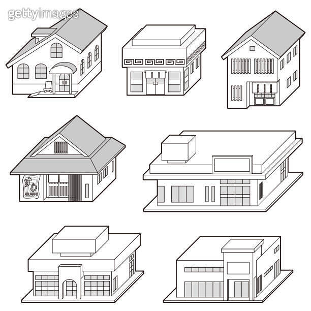 Three-dimensional vector illustration of various stores. line drawing ...