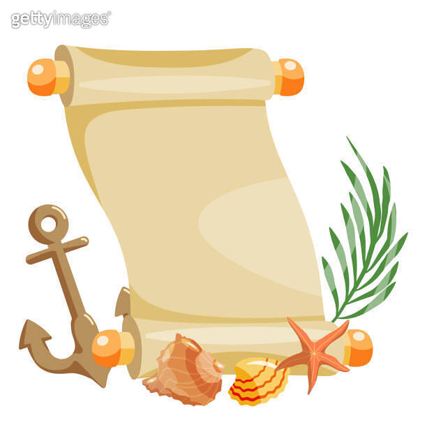 Papyrus scroll with anchor, palm branch and shells. Copy space. Summer ...