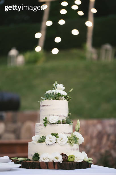 Beautiful wedding cake for newlyweds at a rustic wedding. A festive ...