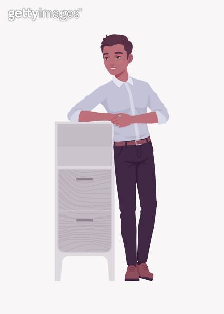 Successful handsome young business man standing lean, thinking pose 이미지 ...