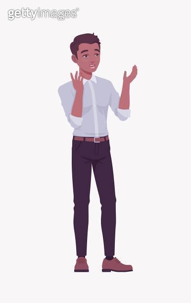 Successful handsome speaker, young business man standing speaking chat ...