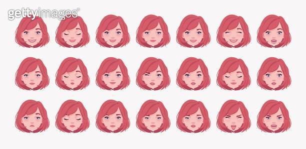 Young Red Choppy Bob Haircut Pale Woman Female Emotion Set 이미지