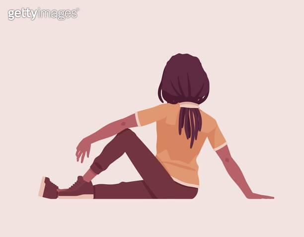 Young long ethnic dreadlocks man, afro guy sitting pose rear ...