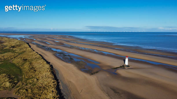 Aerial view of Point of Ayr lighthouse, Talacre, Flintshire, Wales ...