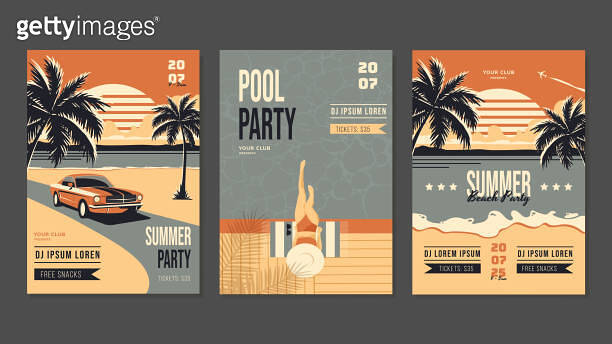 Summer Posters for Beach Parties and Poolside in Retro Style. Flat ...