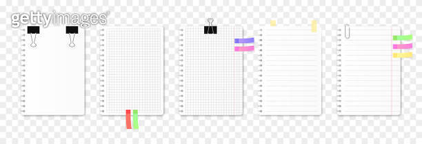 Vector set of notebook sheets. Notebook sheets with a paper clip, push ...