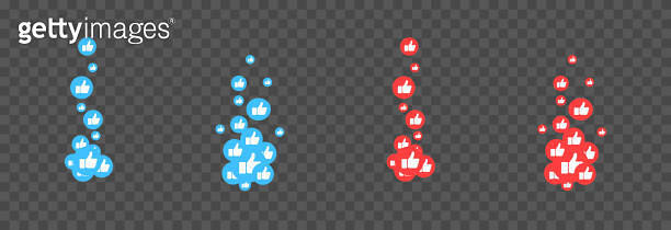 Vector flying reaction icons. Flying red and blue icons of thumbs up ...
