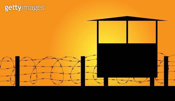 Prison Wired Metal Fence with Watchtower in Sunlight 이미지 (2159951849 ...
