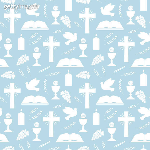 seamless pattern with christian religion icons, holy communion: bible ...