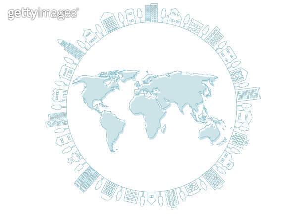 Vector illustration of earth and buildings. Line drawing world map and ...