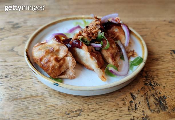 Close-up shot of fried chicken gyoza pieces with sliced spring onion ...