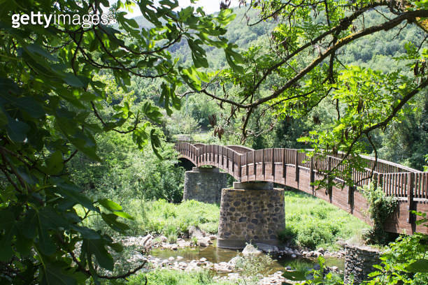 View of the bridge on a summer day. Castellfollit de la Roca. Spain ...