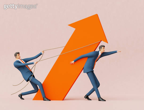 Successful business people pulling up big arrow, help. advisory and ...