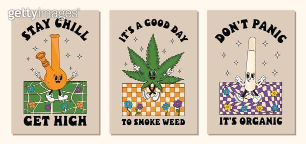 Collection of groovy retro marijuana, weed, cannabis, bong and joint ...