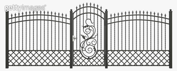 Decorative forded fence with poles and a gate. Wrought iron fence. 3D ...