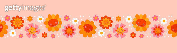 Cute hand drawn seamless border with vintage groovy daisy flowers ...