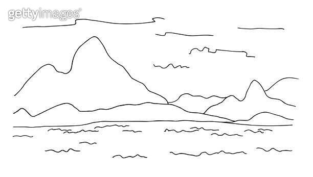 Mountain landscape with lake, sea. Hand drawn vector line art ...