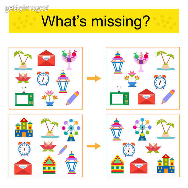 Puzzle game for kids. Find the missing objects. 이미지 (2161489009) - 게티이미지뱅크