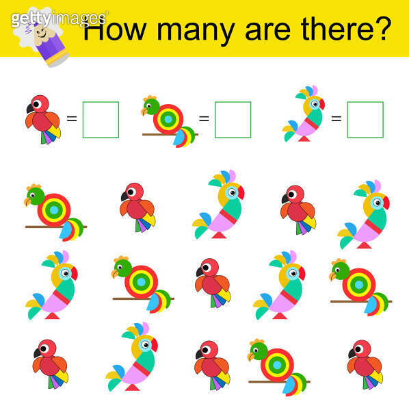 Math activity for kids. Cartoon parrots. 이미지 (1944024506) - 게티이미지뱅크