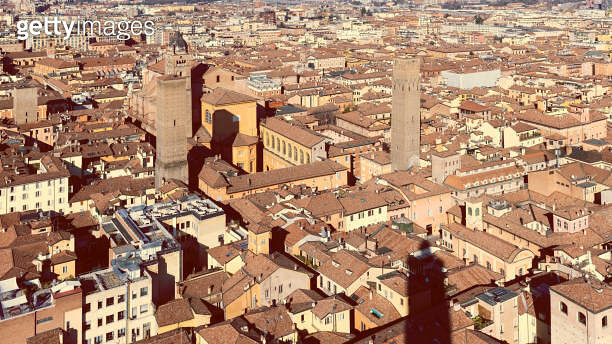 Bologna city center is known for its famous medieval towers. This ...