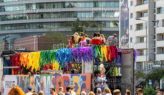 Lgbtq pride parade, lgbt rainbow flags, colorful carnival crowd, gay ...
