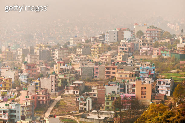 View of Kathmandu capital of Nepal from mountain through urban haze ...