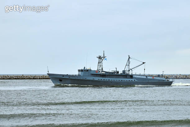 Russian warship armed with armament sails into sea toward military ...