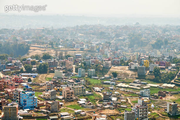View of Kathmandu capital of Nepal from mountain through urban haze ...