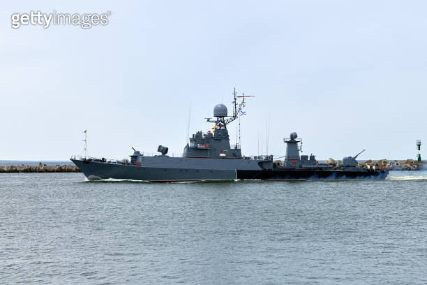 Russian warship armed with armament sails into sea toward military ...