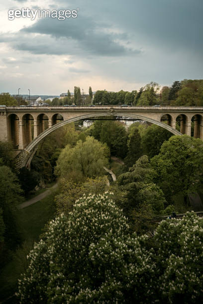 Adolf bridge in the city center of Luxembourg. New Adolphe Bridge which ...