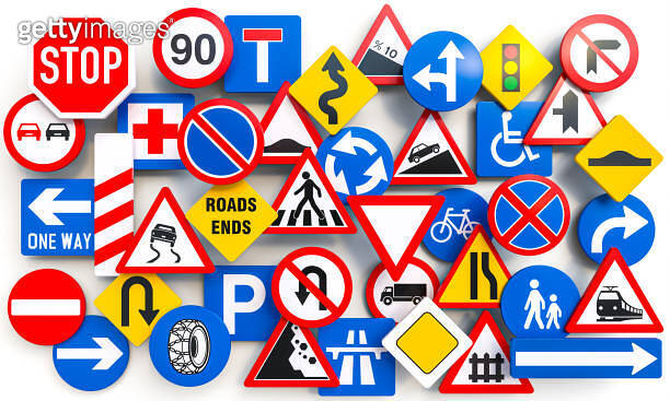 Collection of road signs showing traffic laws and regulations ...