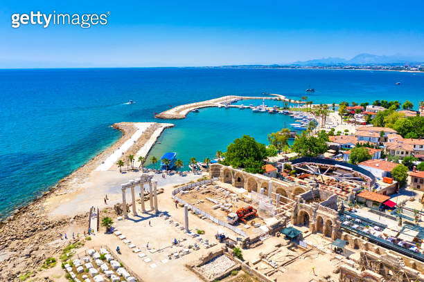Aerial top drone view of ancient Side town with Apollon Temple, Antalya ...