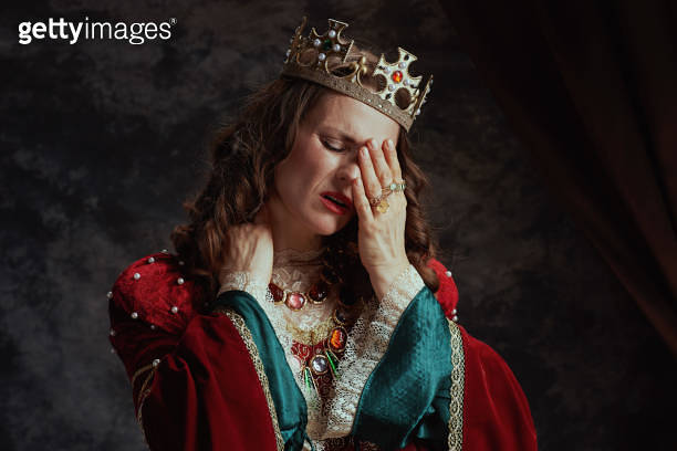 stressed medieval queen in red dress having neck pain 이미지 (1924520758 ...
