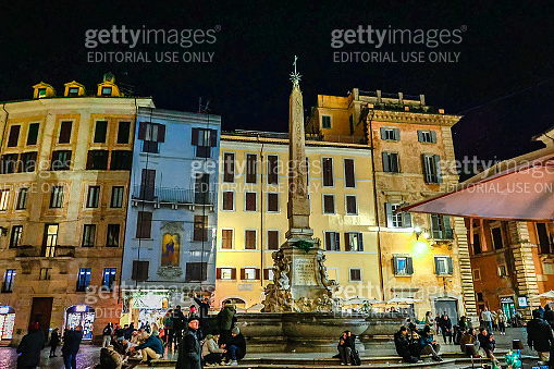 Pantheon and Fountain of Pantheon Illuminated at night. Architecture of ...
