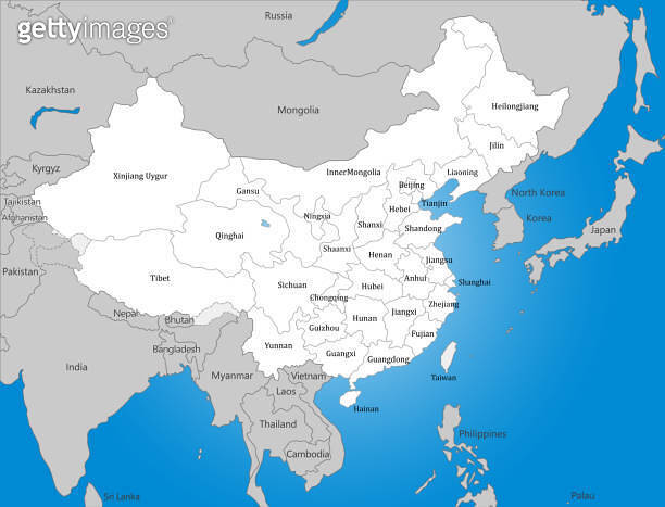 Blank map of China, Taiwan and surrounding countries, with border lines ...