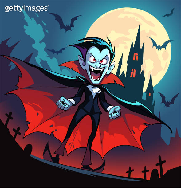 Laughing vampire Dracula character and dark castle. Halloween cartoon ...