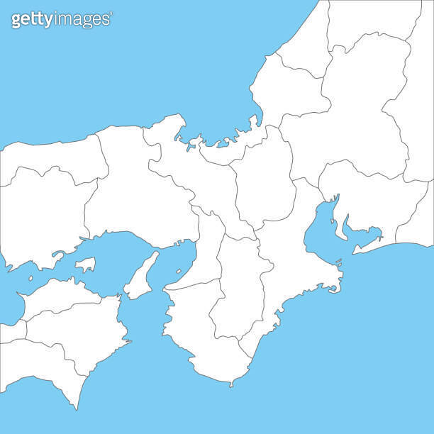 Simple white map of the Kinki and Kansai regions, with prefectural ...