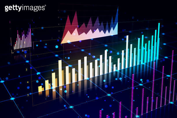 Colorful financial graphs and charts on dark digital background. 3D Rendering 이미지 (2164330660 ...